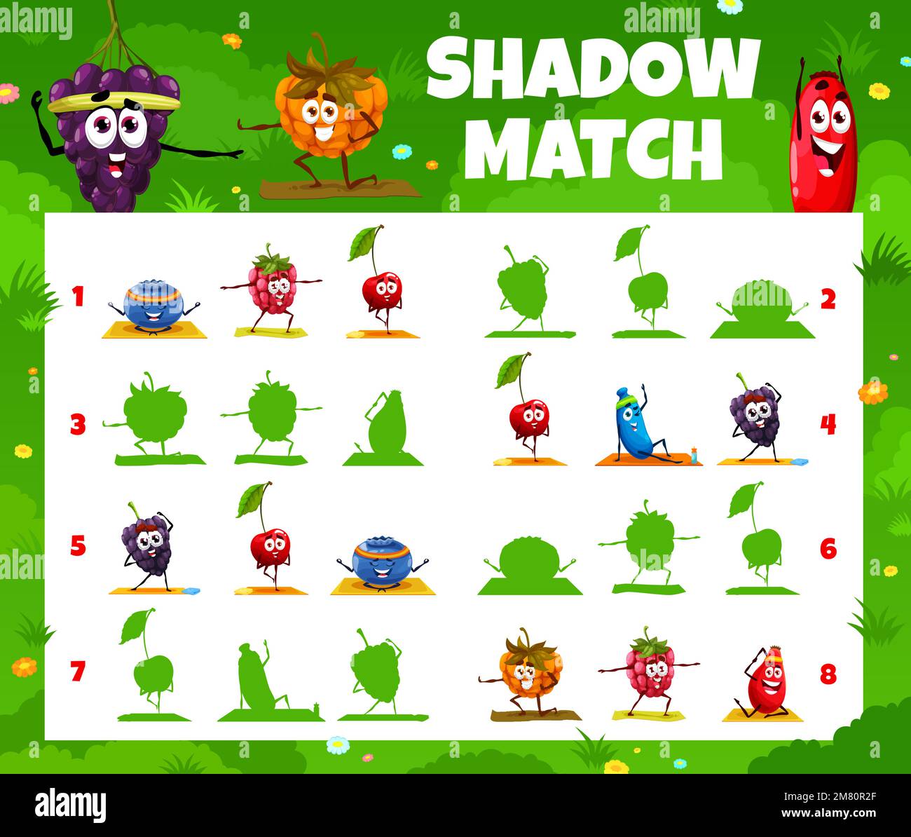 Shadow match game worksheet cartoon berry characters on yoga fitness ...
