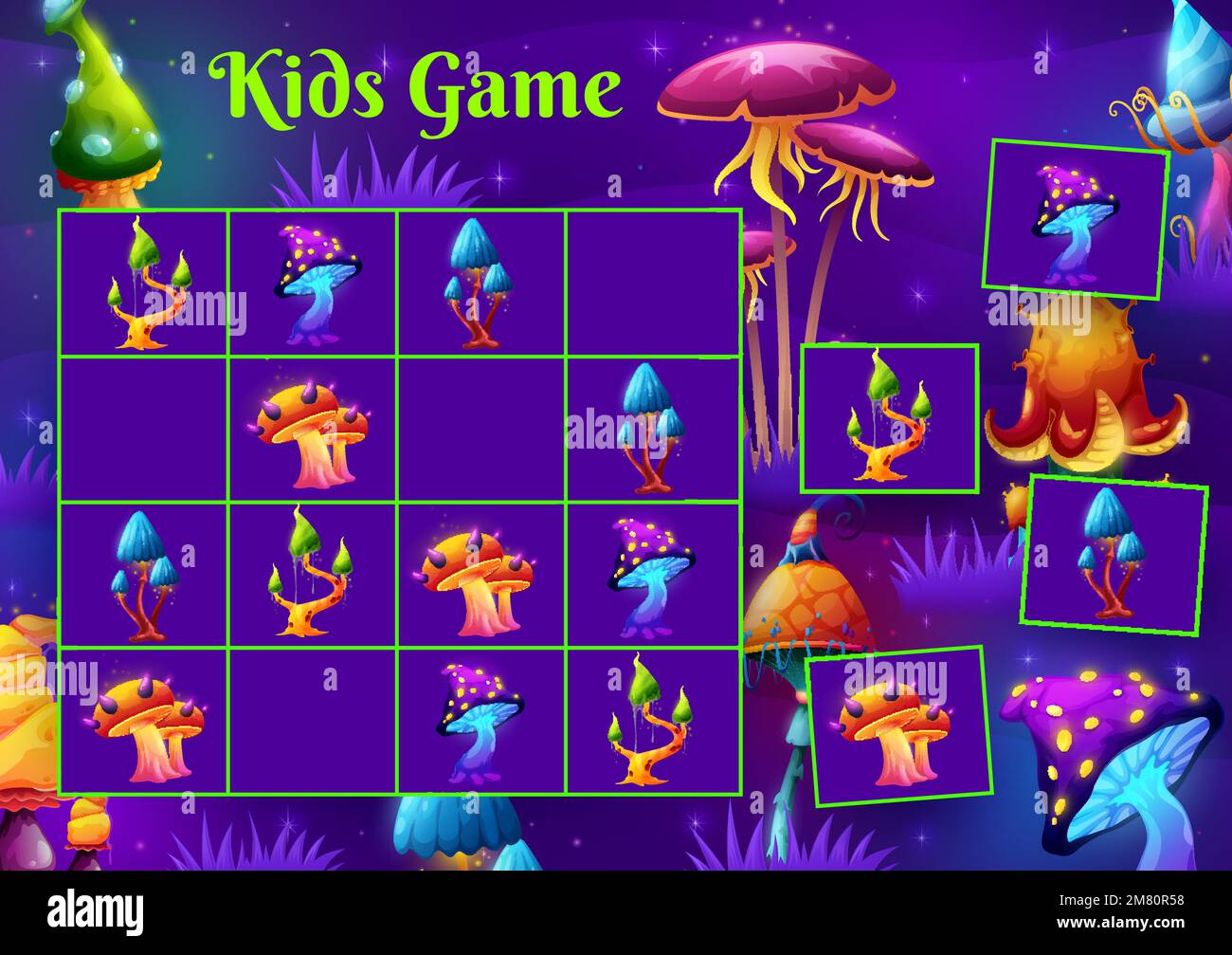 Sudoku kids game. Magic mushrooms in fairy forest. Children logical ...