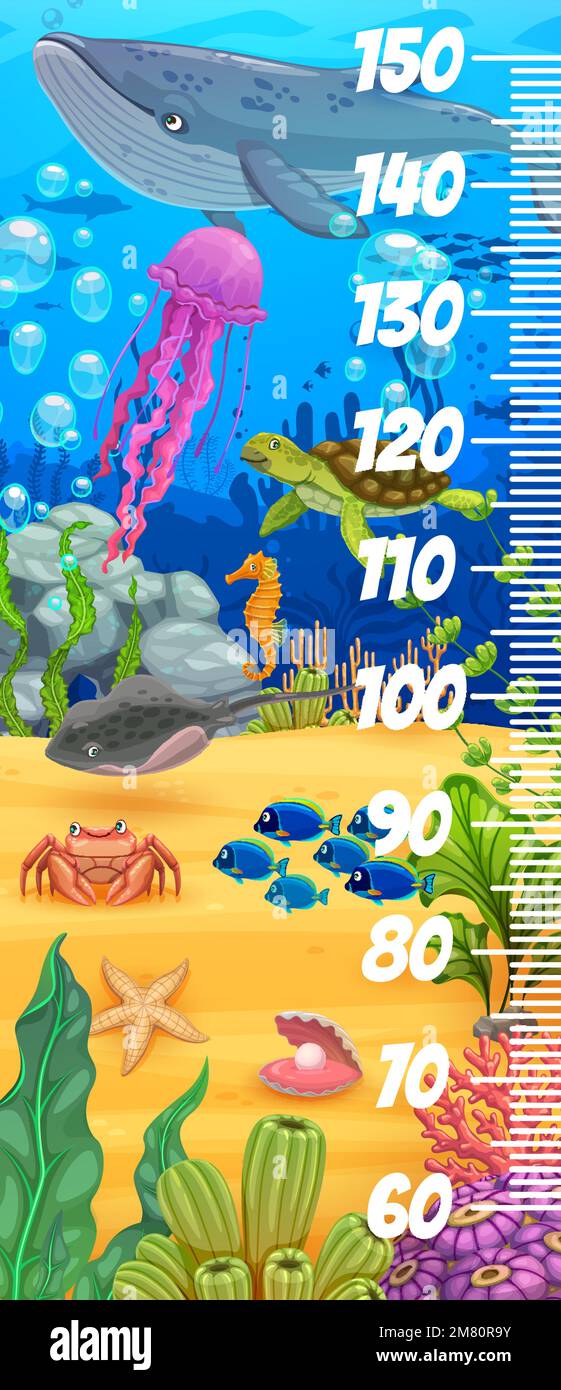 Kids height chart with underwater landscape and cartoon animals. Vector ...
