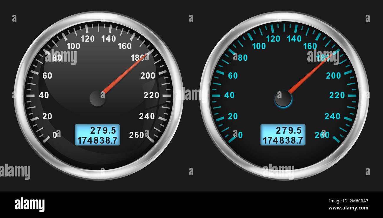 Realistic speedometer. Realistic glossy rounded buttons with ...