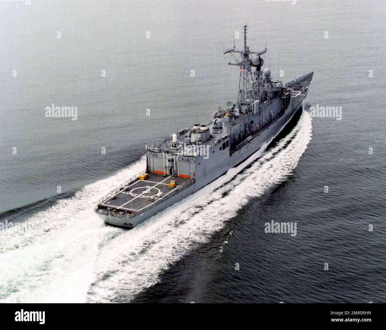 An elevated starboard quarter view of the guided missile frigate DE ...