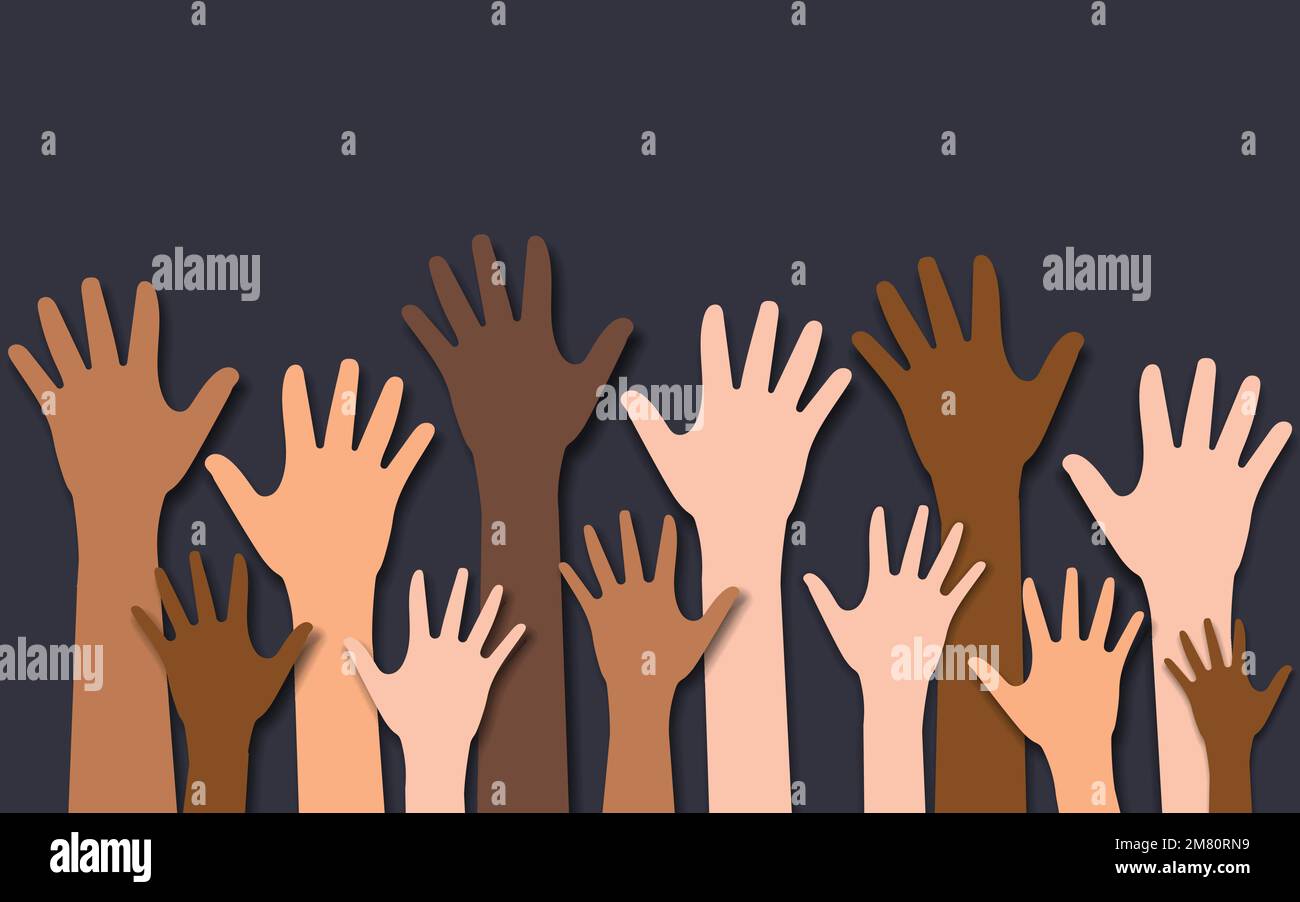 Multi-ethnic and Diverse Hands Raised Up. Charity, crowd, workforce ...