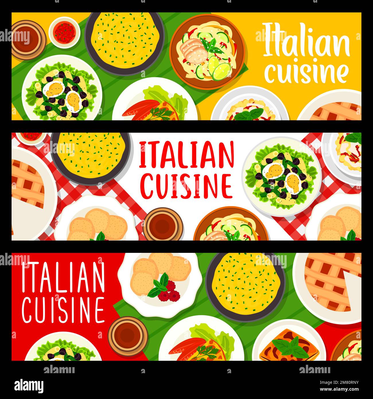 Italian cuisine meals banners, vector vegetable pasta salad with cream ...