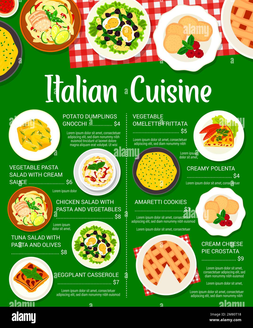 Italian cuisine menu vector omelette frittata, pasta salad with cream ...