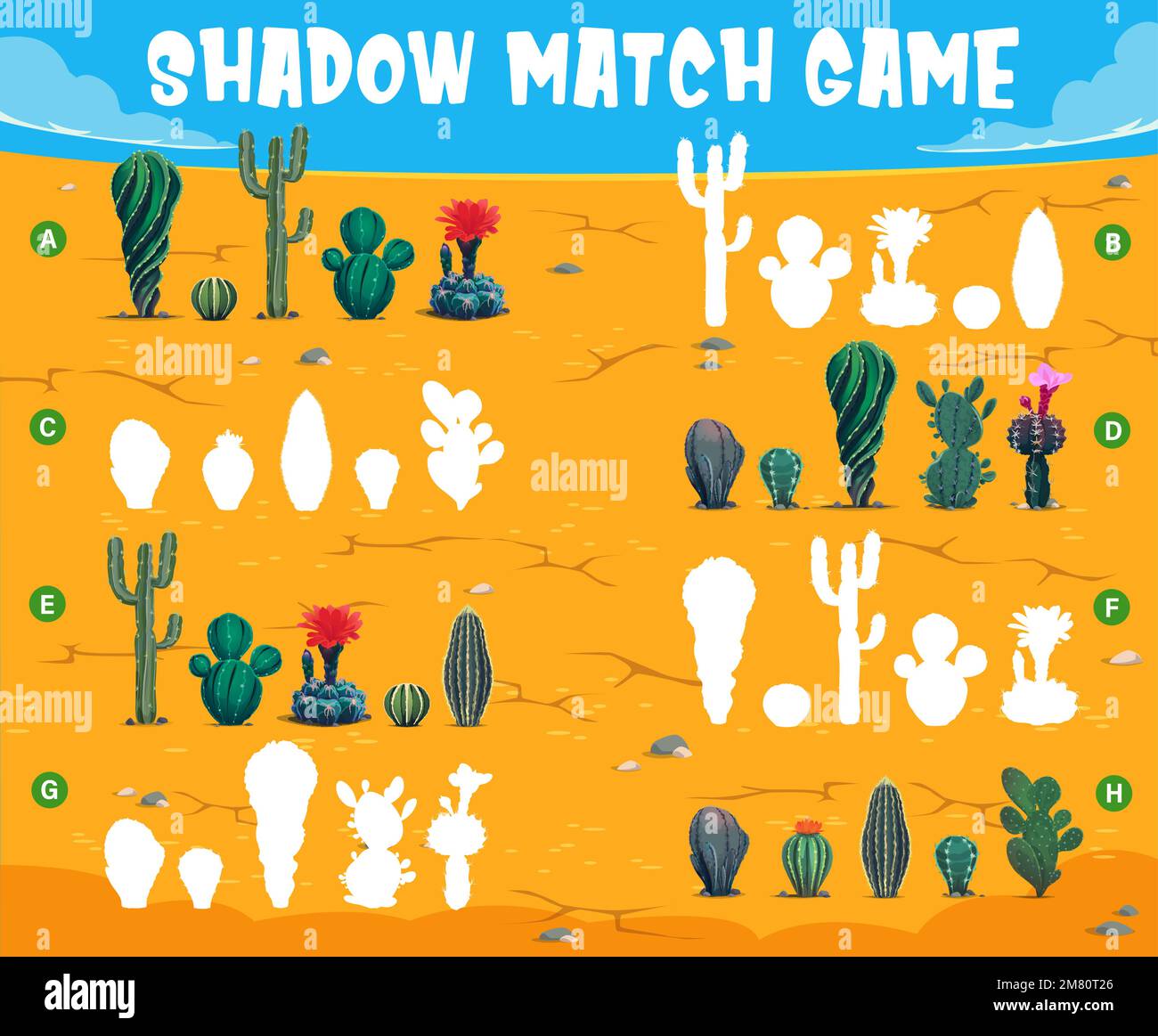 Cactuses in mexican desert shadow match game worksheet. Vector puzzle ...