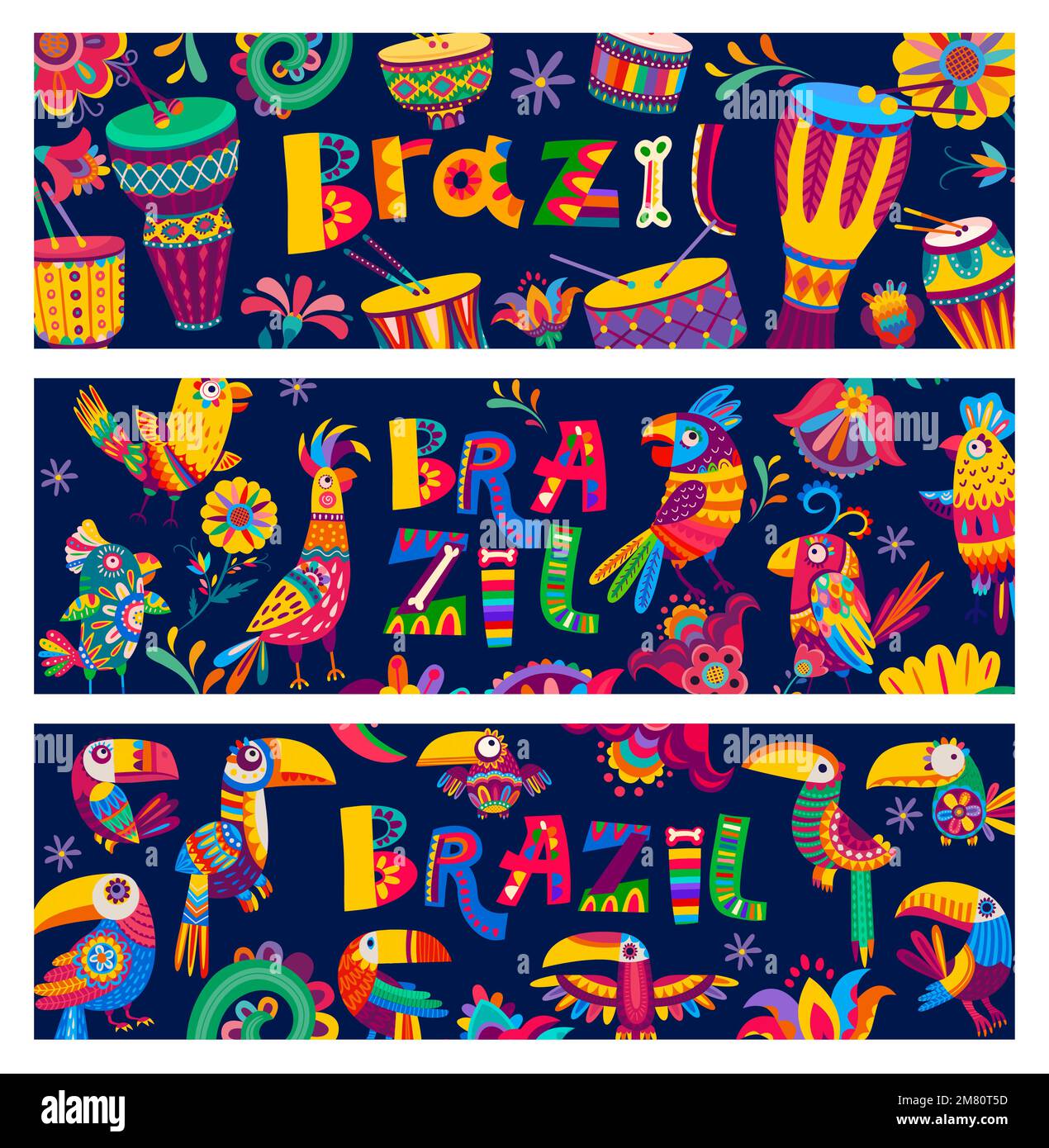 Cartoon brazilian toucans and parrots. Brazil fauna funny birds, plants ...