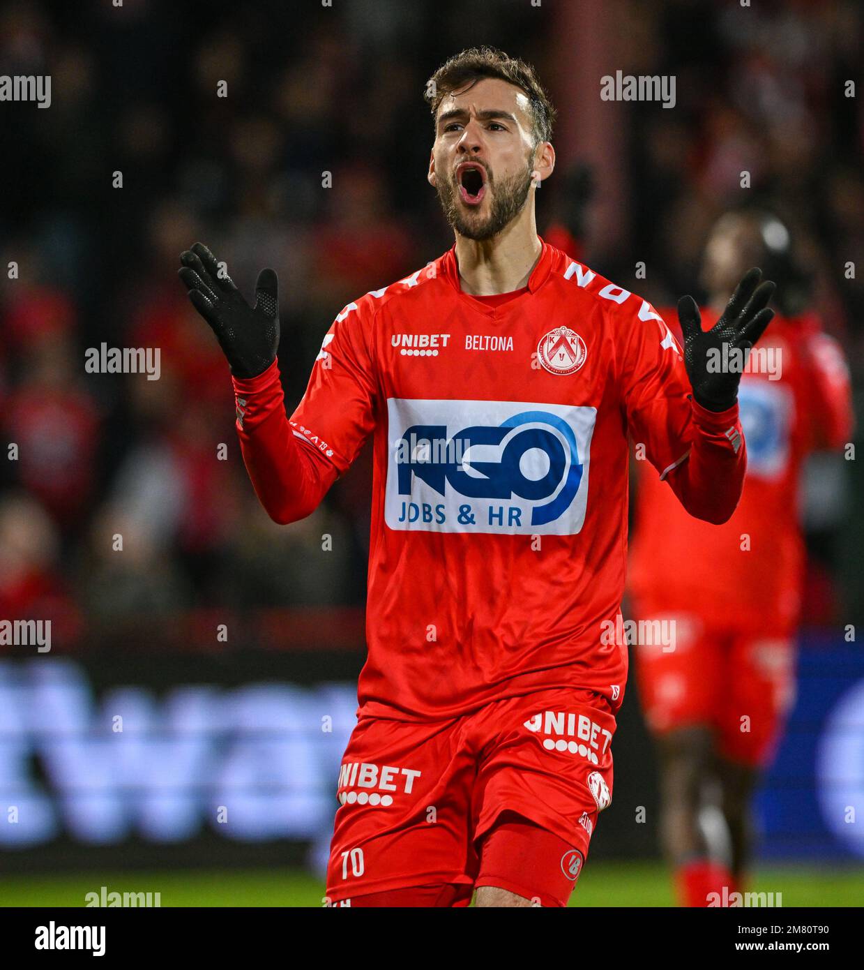 Massimo Bruno (70) of KV Kortrijk pictured reacting during a soccer ...