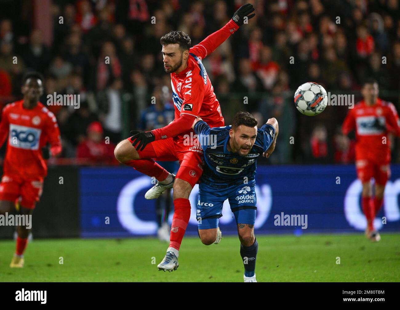 Massimo Bruno (70) of KV Kortrijk pictured fighting for the ball with ...