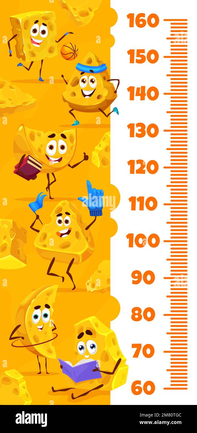 Kids height chart cartoon maasdam and gouda cheese characters. Vector ...