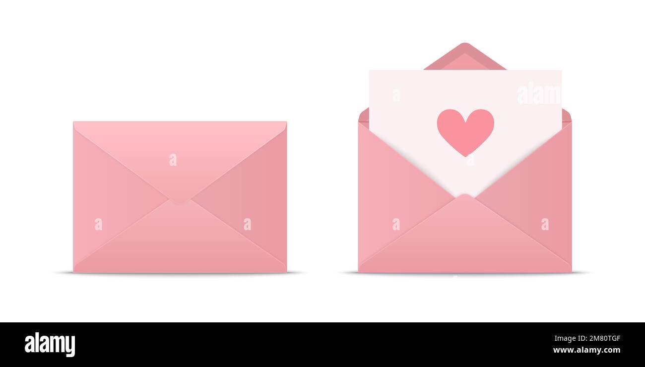 Vector 3d Realistic Closed, Opened Pink Envelope with Heart Icon Set ...