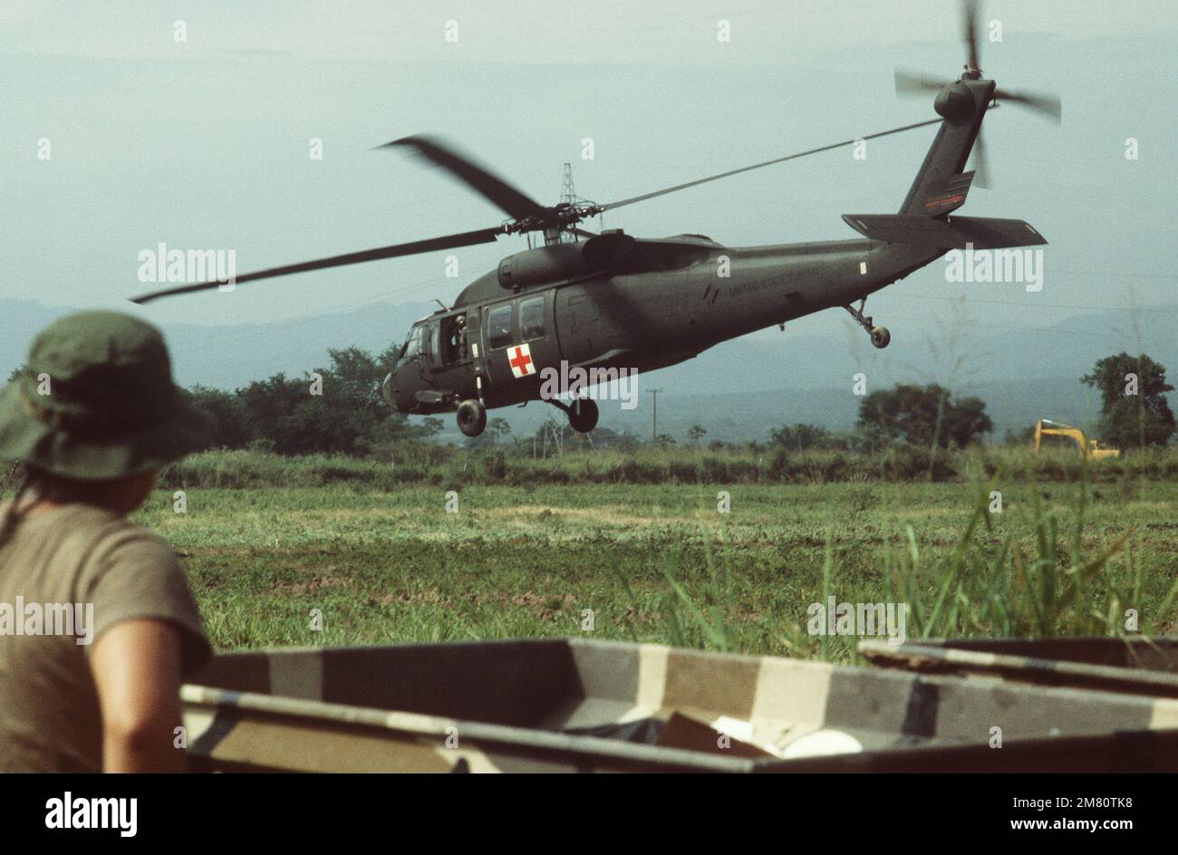 A left rear view of a UH-60 Blackhawk air ambulance helicopter taking ...