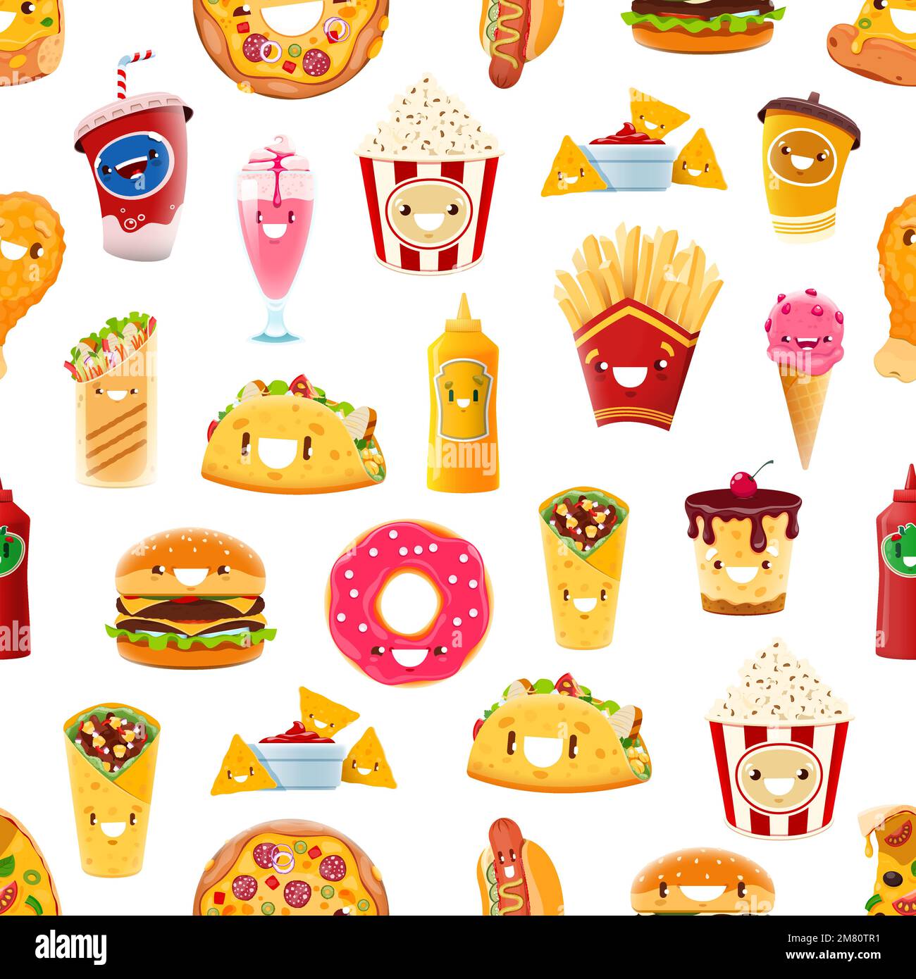 Cartoon fast food characters seamless pattern. Takeaway meals vector ...