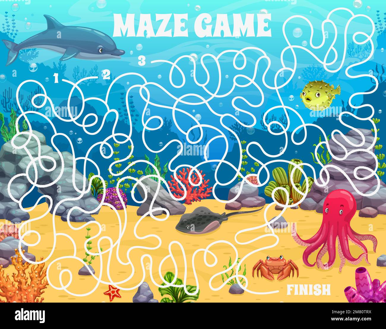 Labyrinth maze cartoon underwater landscape and animals. Kids vector ...