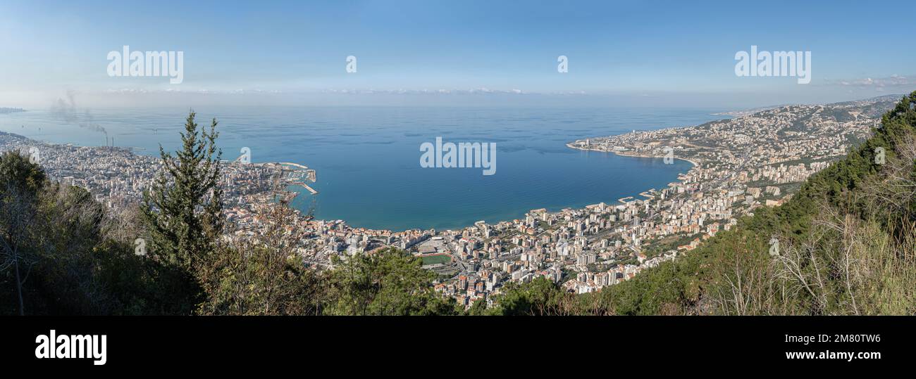 Aerial panoramic view to Jounieh city and bay from Harissa mountain ...