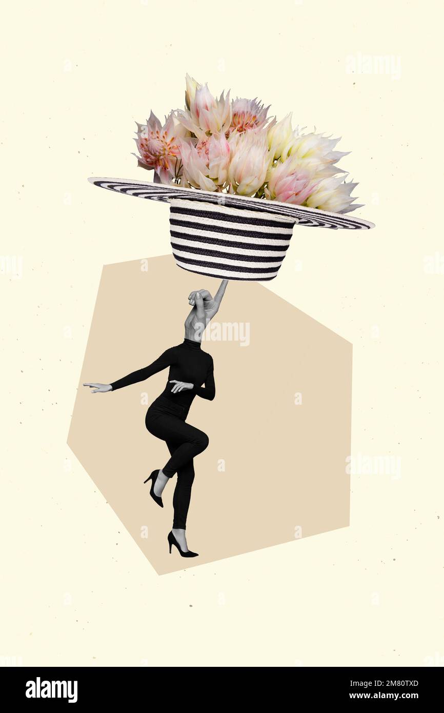 Creative photo collage of headless woman arm instead of head dancing ...