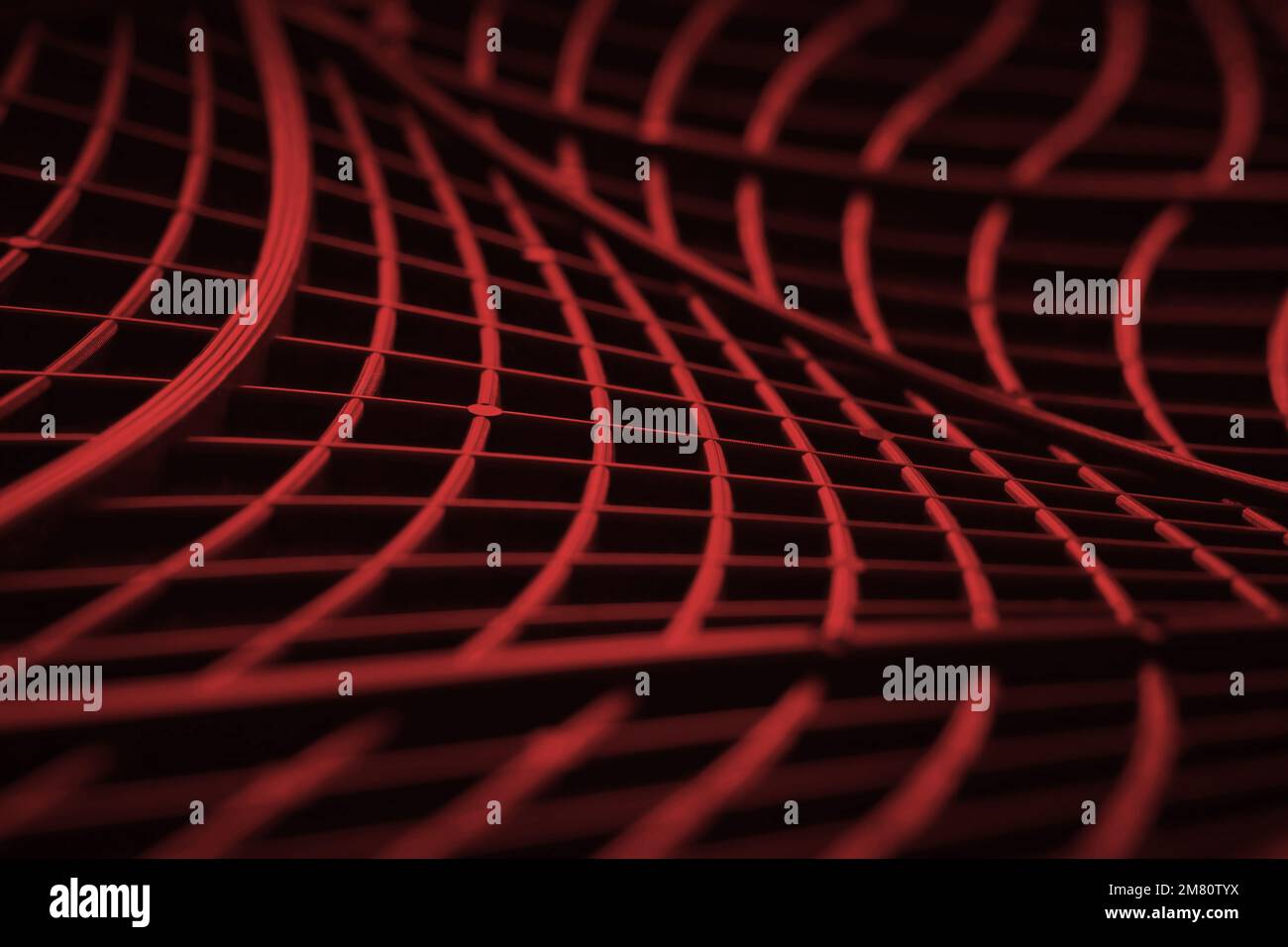 Abstract cyberspace background with red molded plastic curved geometric ...