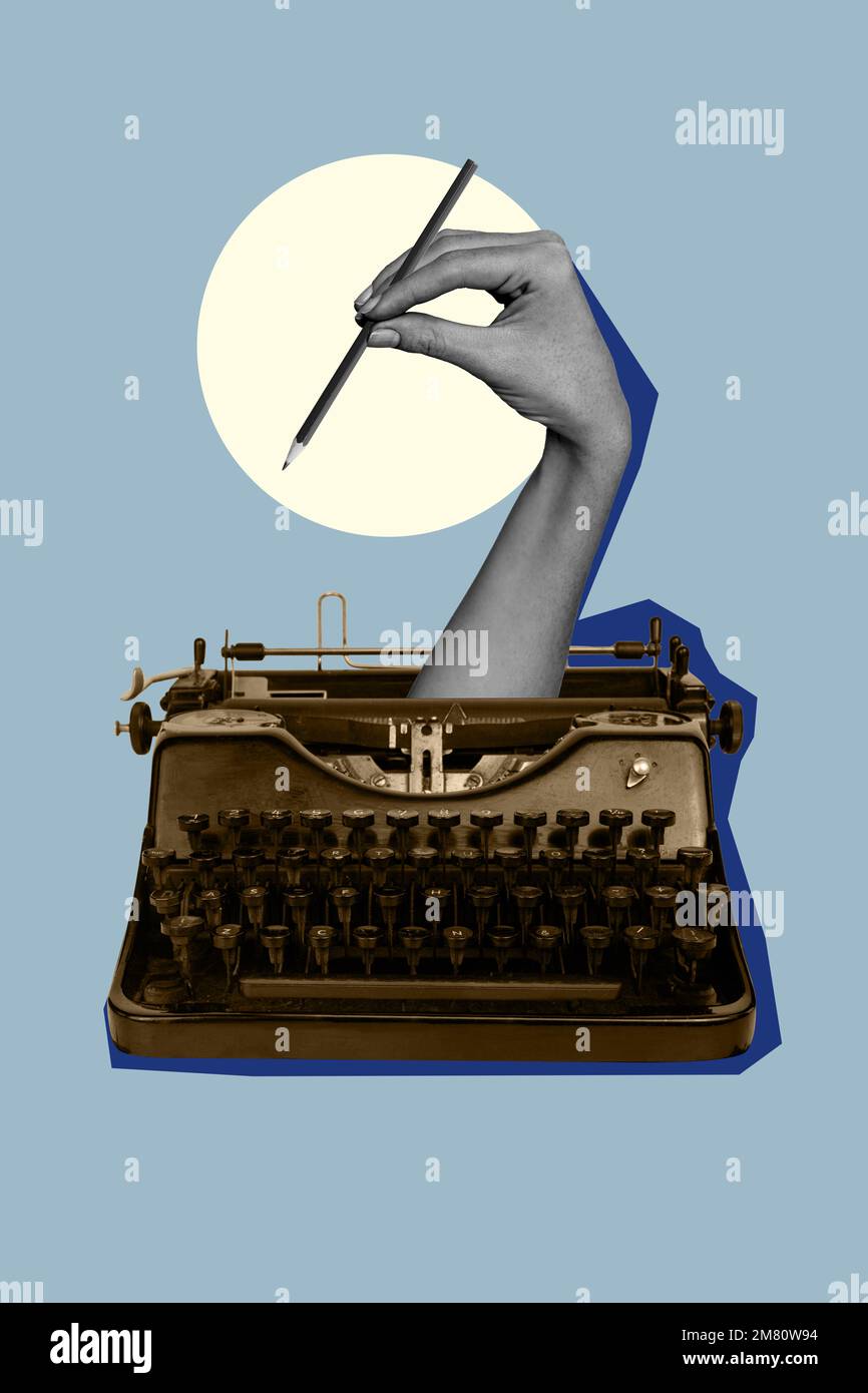 Template collage of weird alive hand hold pencil write fiction ...