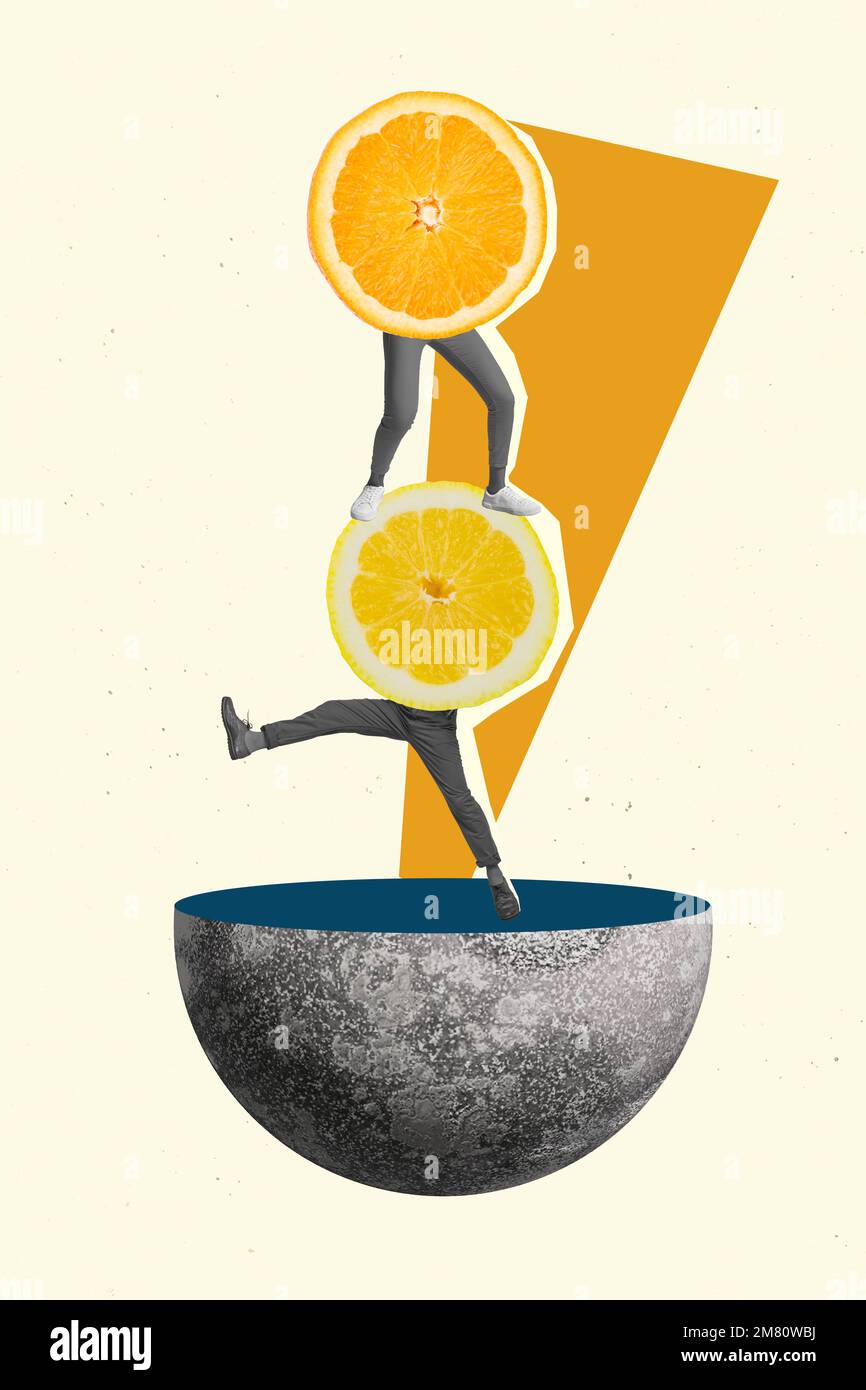 Poster magazine collage of two weird people with citric ripe body doing ...