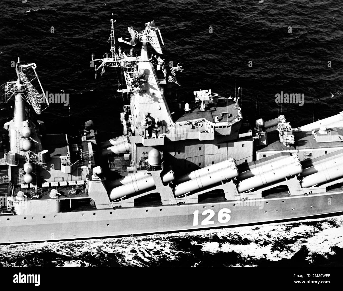 A starboard amidship view of the Soviet cruiser SLAVA, the first of its ...