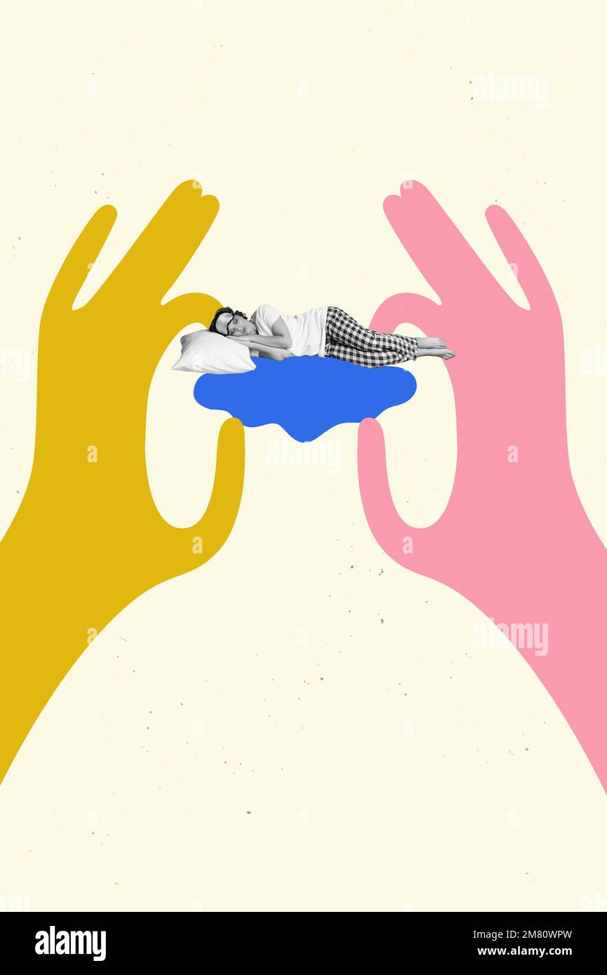 Vertical creative collage illustration of big hands holding happy ...