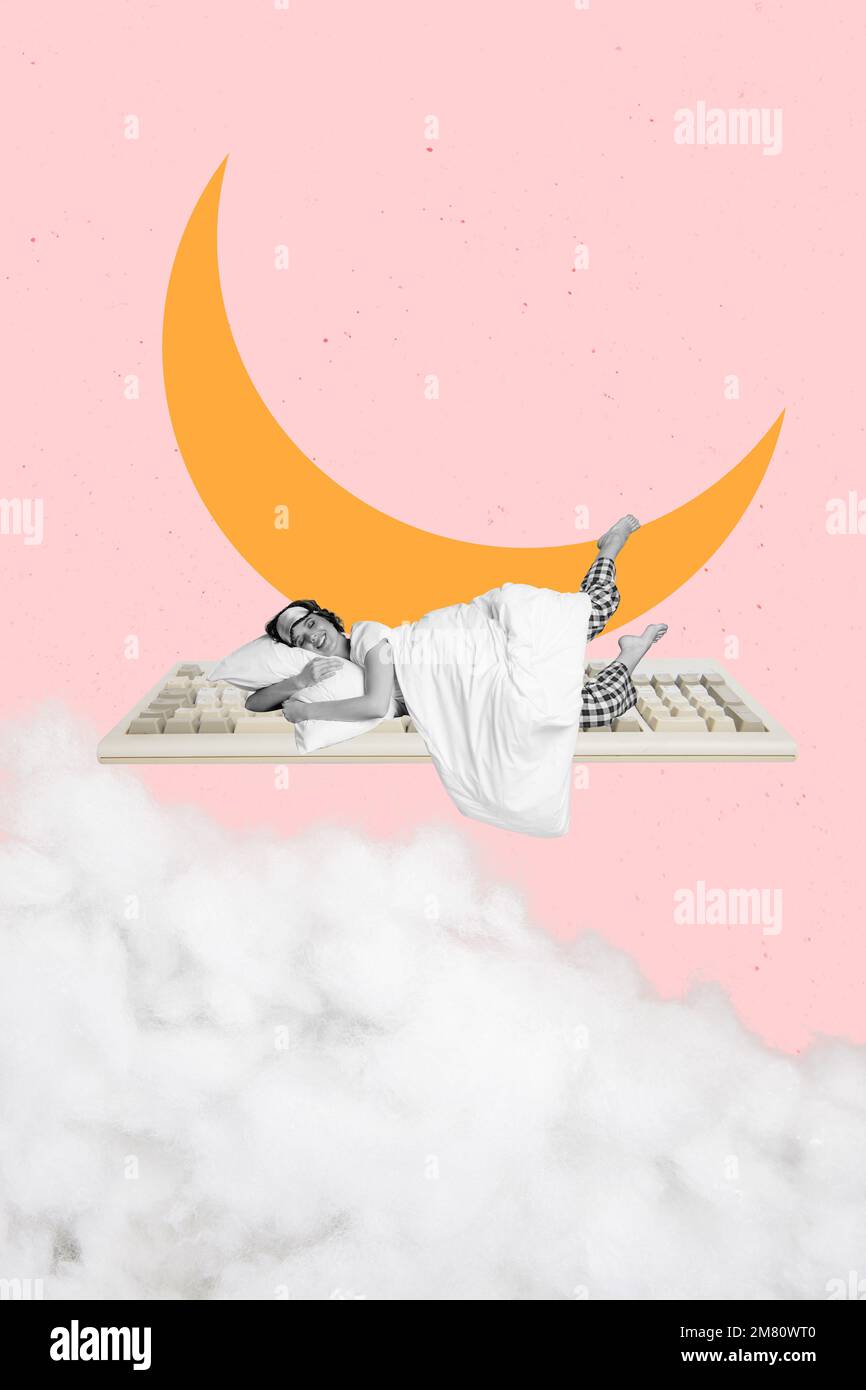 Vertical creative photo collage of positive tired satisfied careless ...