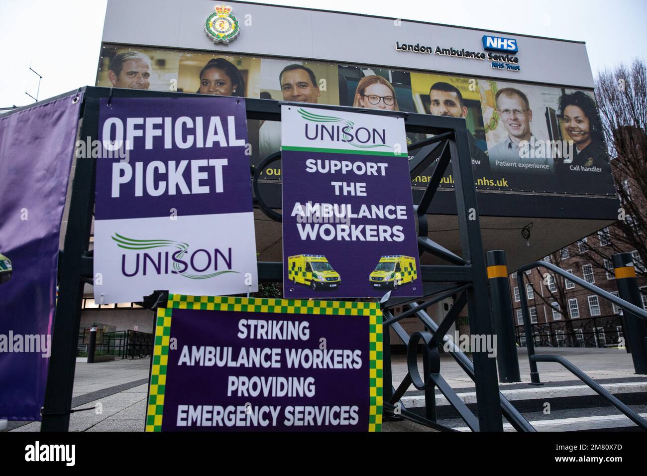 London, UK. 11 January, 2023. UNISON trade union signs are pictured ...