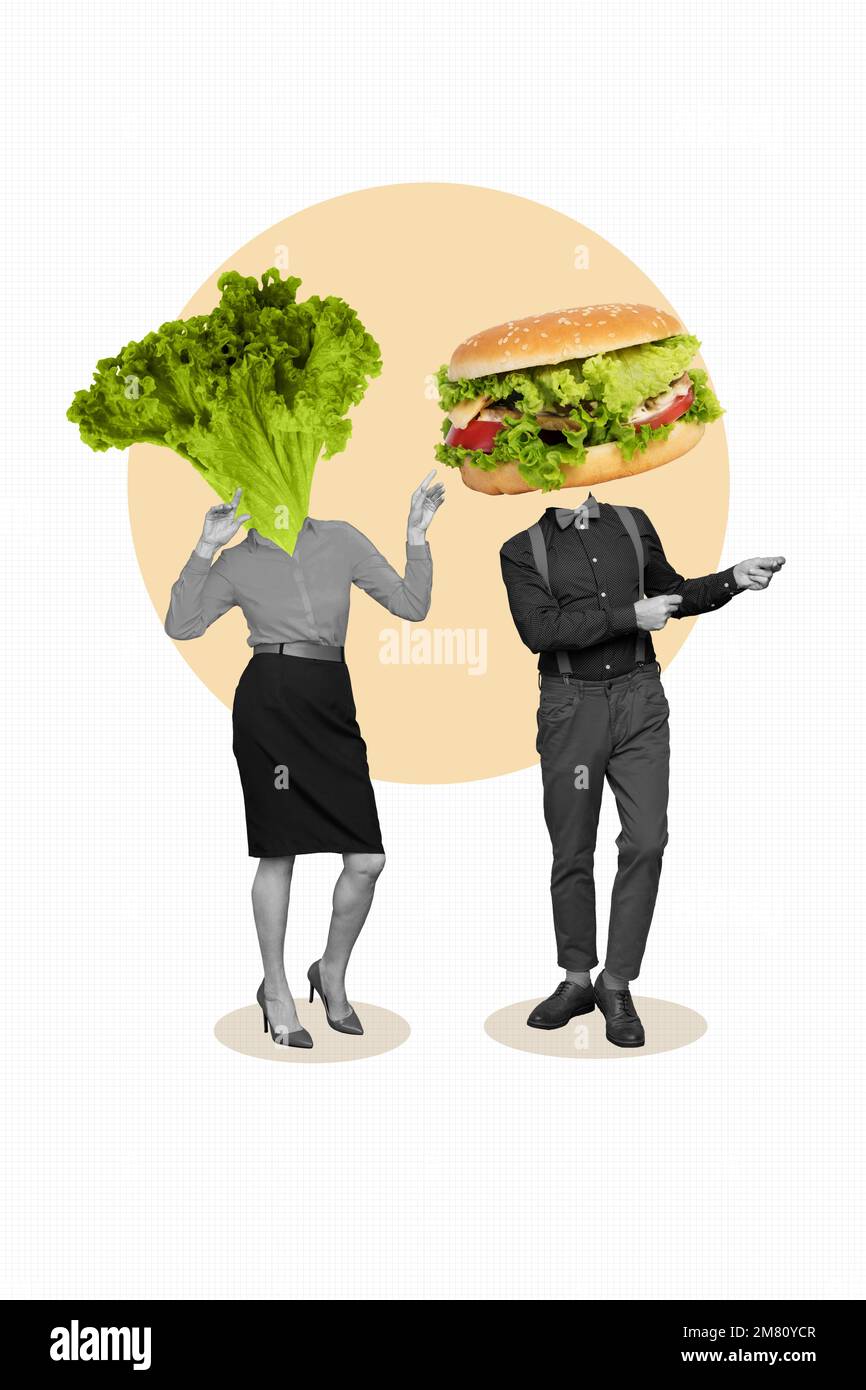 Vertical creative photo collage of headless girl guy food burger salad ...