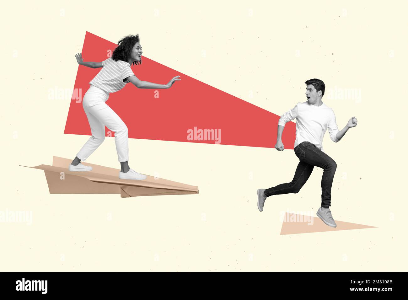 Vertical collage picture of black white gamma girl flying big paper ...