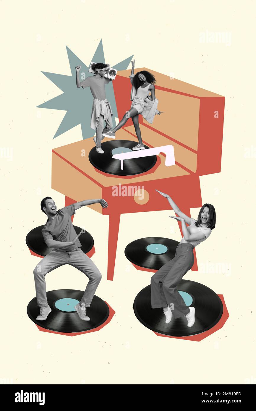 Vertical collage image of group black white effect little people enjoy ...