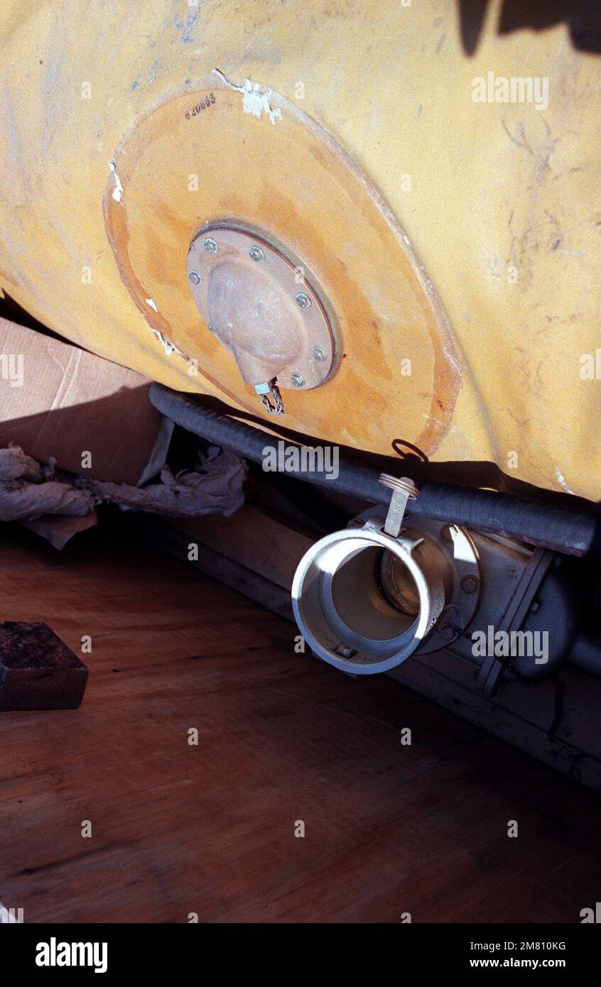 A close-up view of a drain used to protect fuel bladders from flooding ...