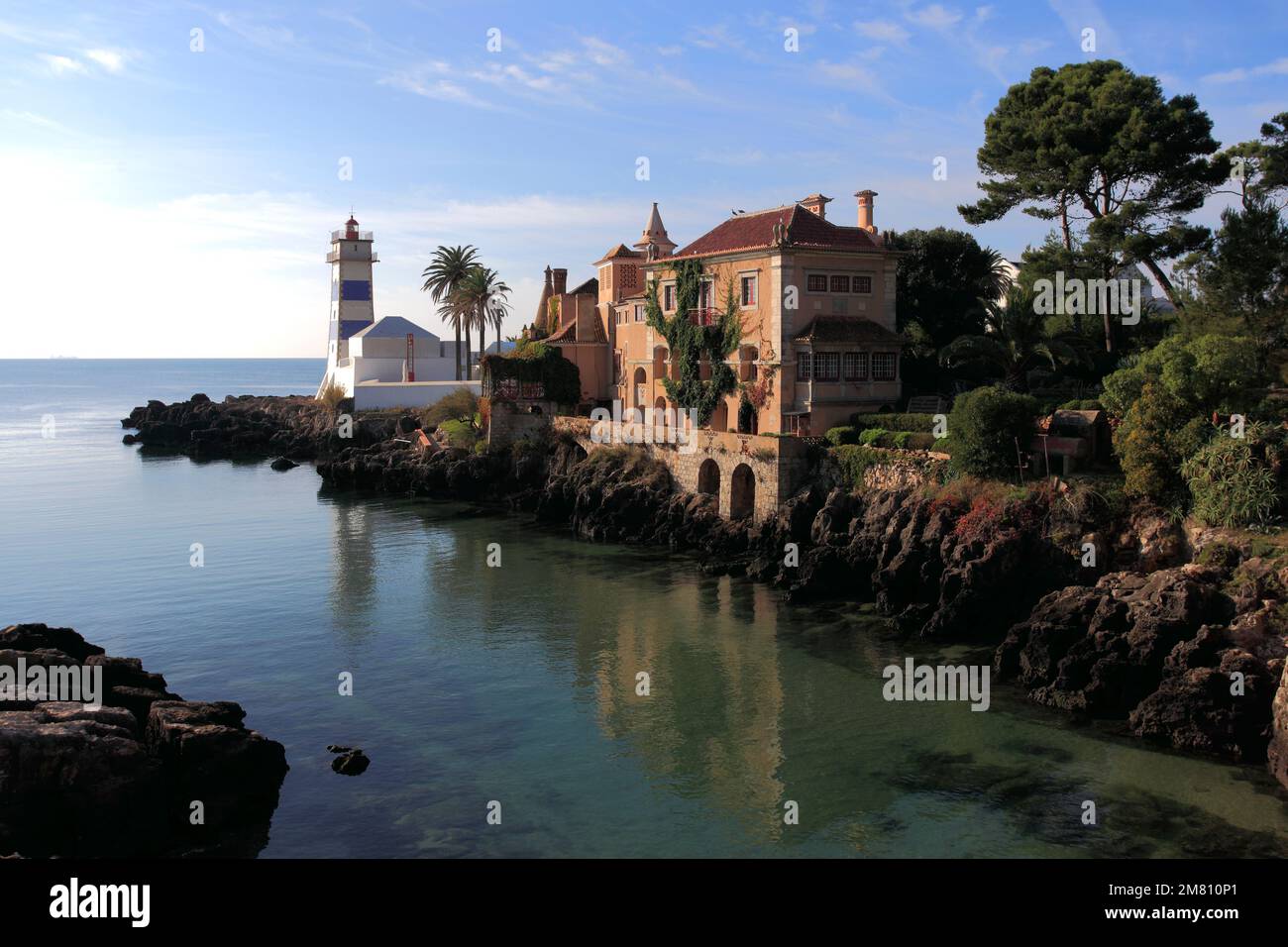 The Santa Marta lighthouse; harbour; Cascais town near Lisbon ...
