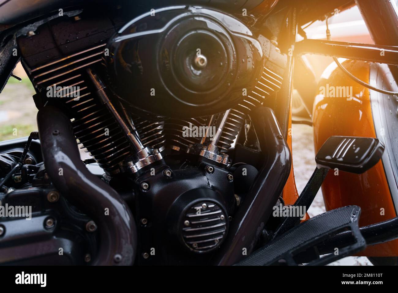 Shiny black motorcycle engine and gearbox block. Close-up Stock Photo ...
