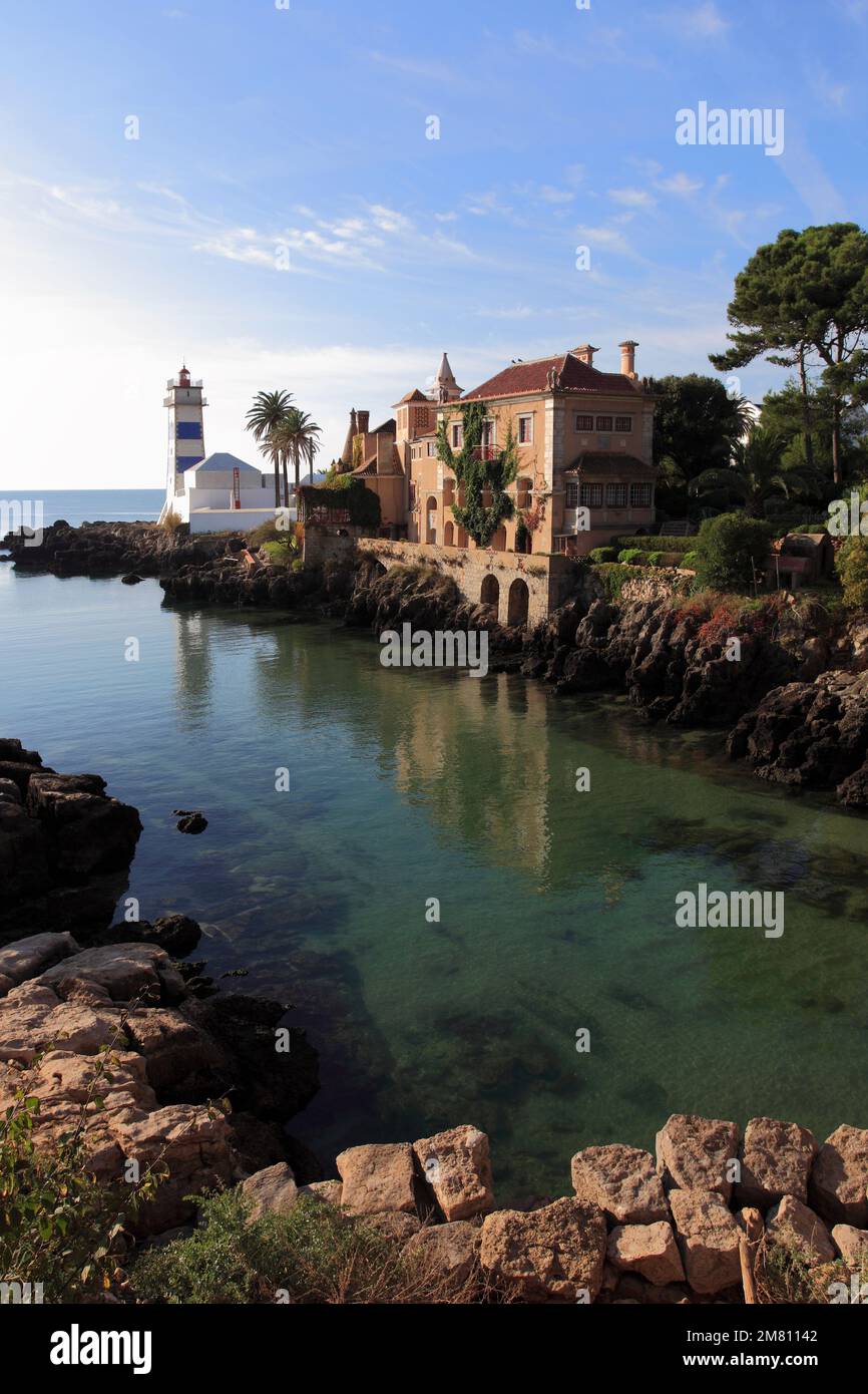 The Santa Marta lighthouse; harbour; Cascais town near Lisbon ...