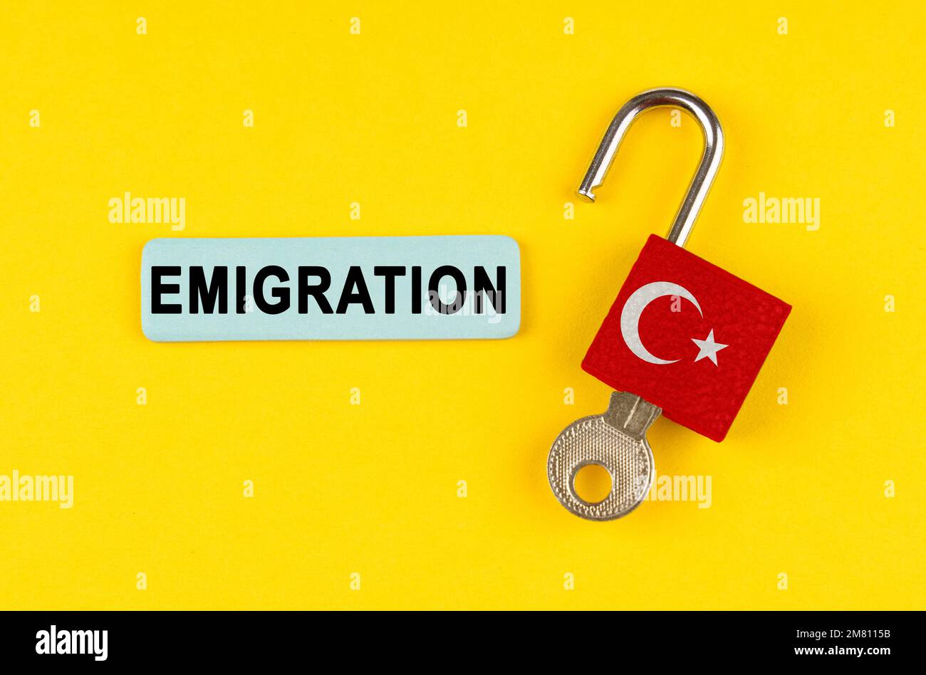 On a yellow surface, an open lock with the image of the flag of Turkey ...