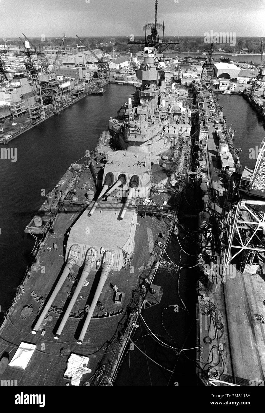 A view of the superstructure of the battleship USS IOWA (BB-61) while ...