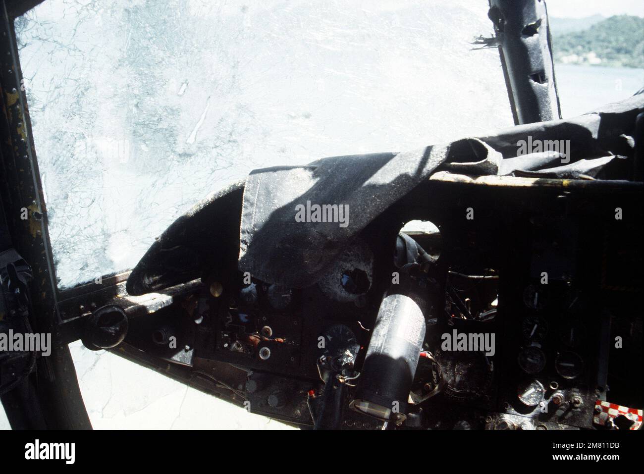 An interior view of the cockpit of a CH-46E Sea Knight helicopter of ...
