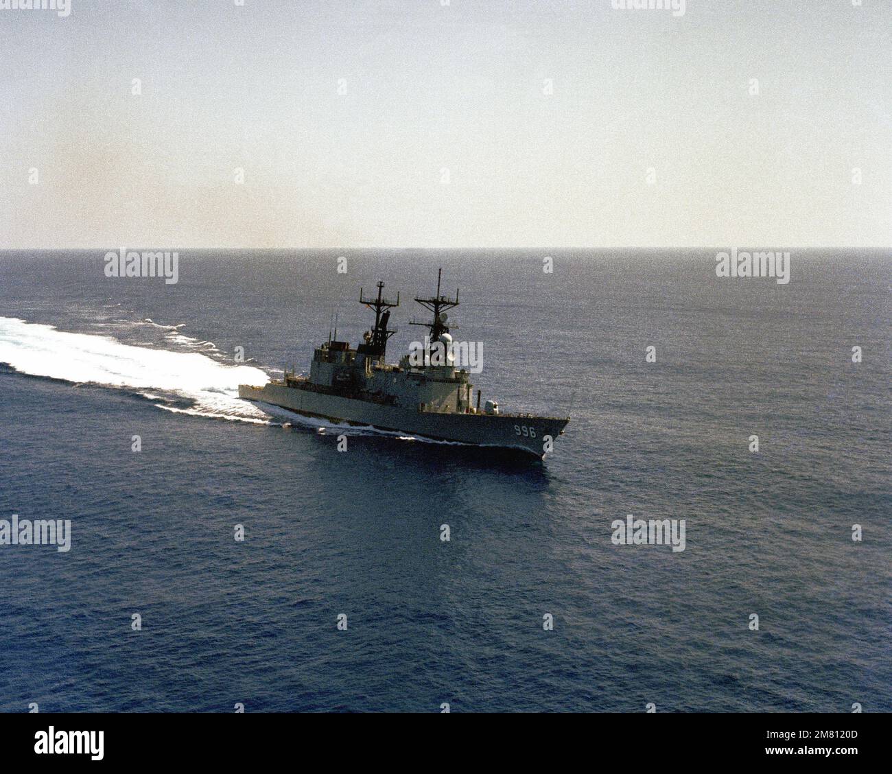 An aerial starboard bow view of the Kidd class guided missile destroyer ...