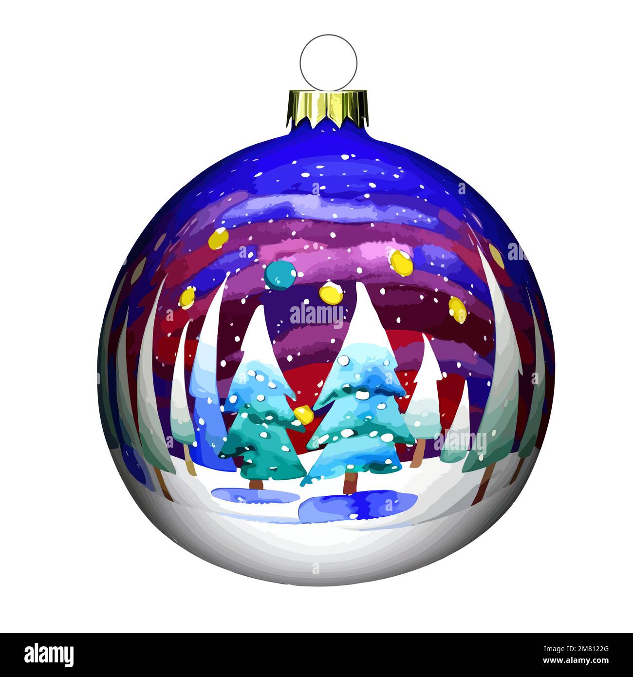 Vector watercolor magic Christmas ball for fir with winter landscape ...