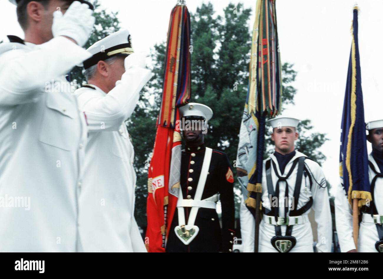 Officers stand at attention and salute the Navy color guard during the ...