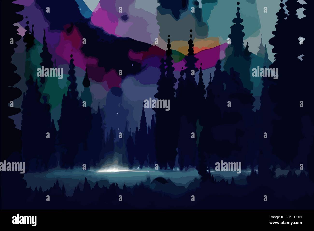 Vector watercolor night abstract silhouette with firs, lake and ...