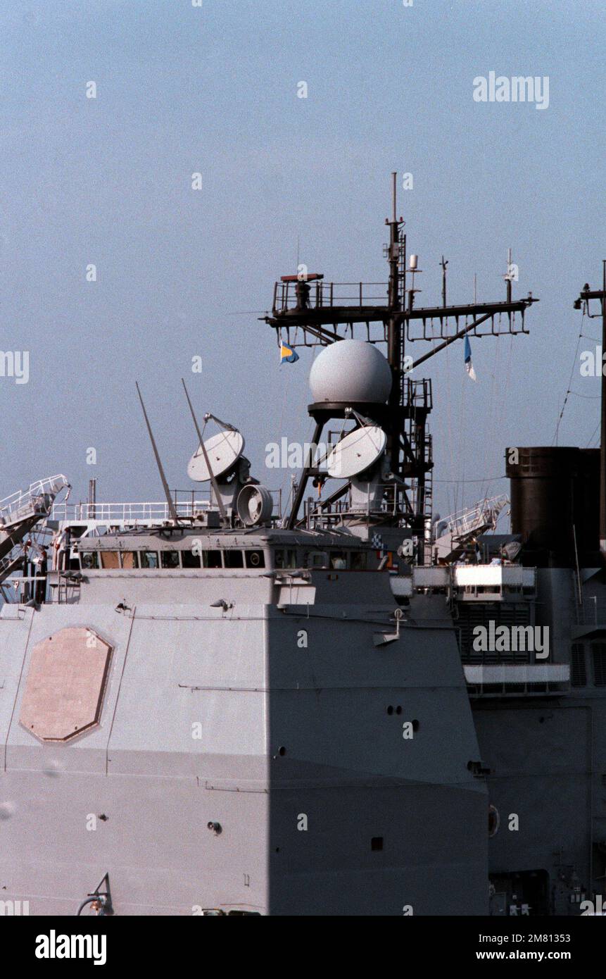 A view of the forward array of radar equipment aboard the Ticonderoga ...