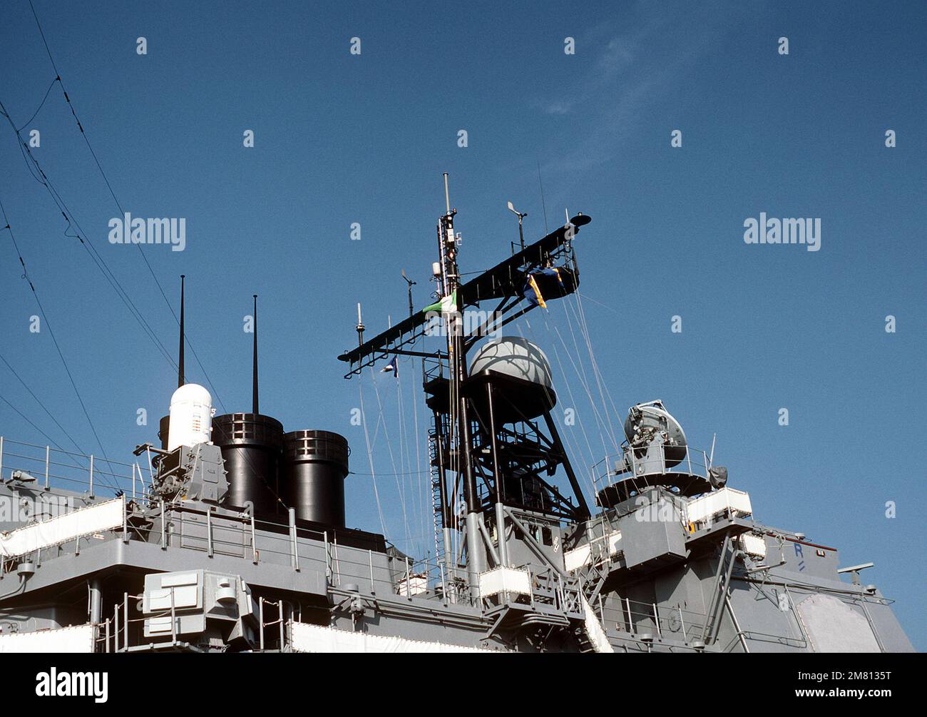A view of the foremast of the guided missile cruiser USS TICONDEROGA ...