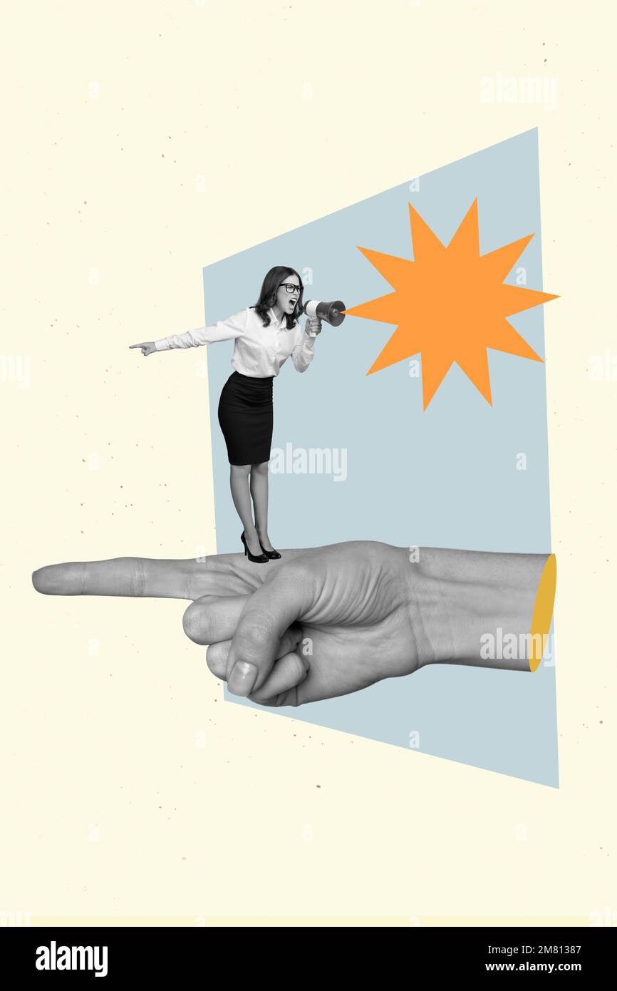 Template creative collage of mini business lady yell loud bullhorn ...
