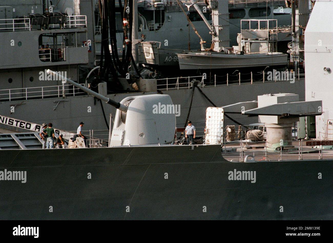 A port view of the fore deck aboard the Ticonderoga class Aegis guided ...