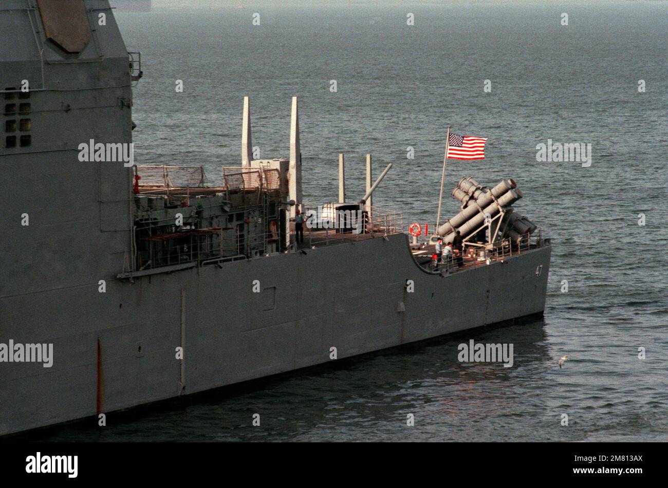 A port view of the aft deck aboard the Ticonderoga class Aegis guided ...