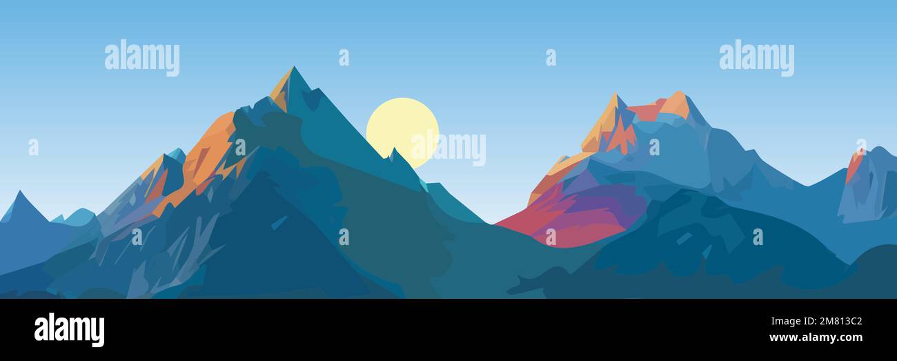 Panoramic views vector illustration of beautiful dark blue mountain ...
