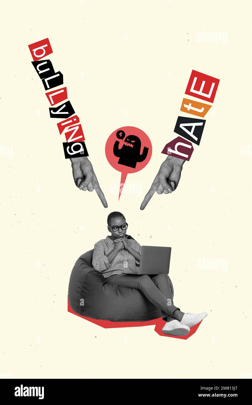 Creative banner poster collage of lady blogger sit bean chair work ...