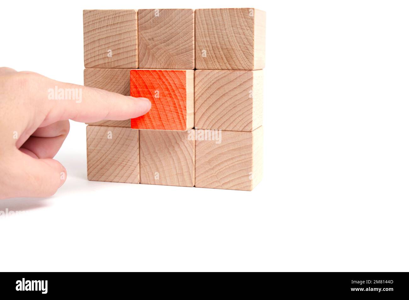 Pressing red button wooden cube with your finger Stock Photo - Alamy