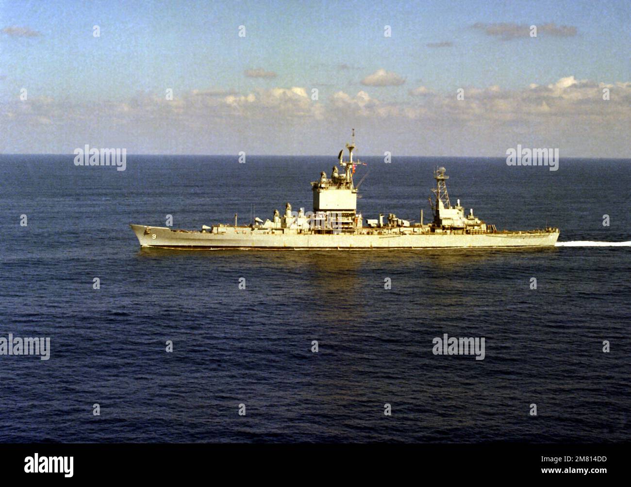 An aerial port beam view of the nuclear-powered guided missile cruiser ...