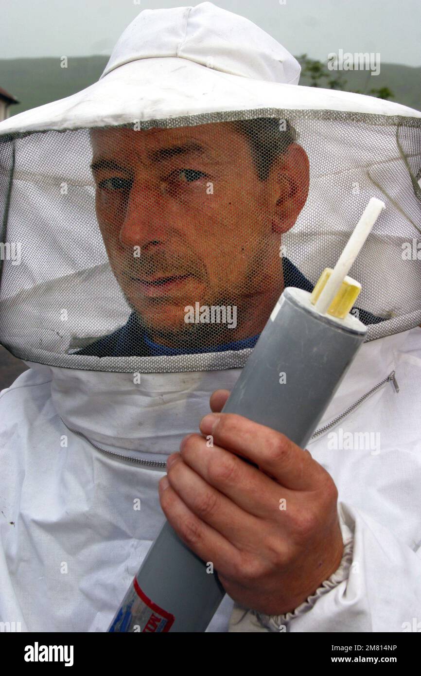 Male man in protective clothing suit and head using a puffer to blow ...